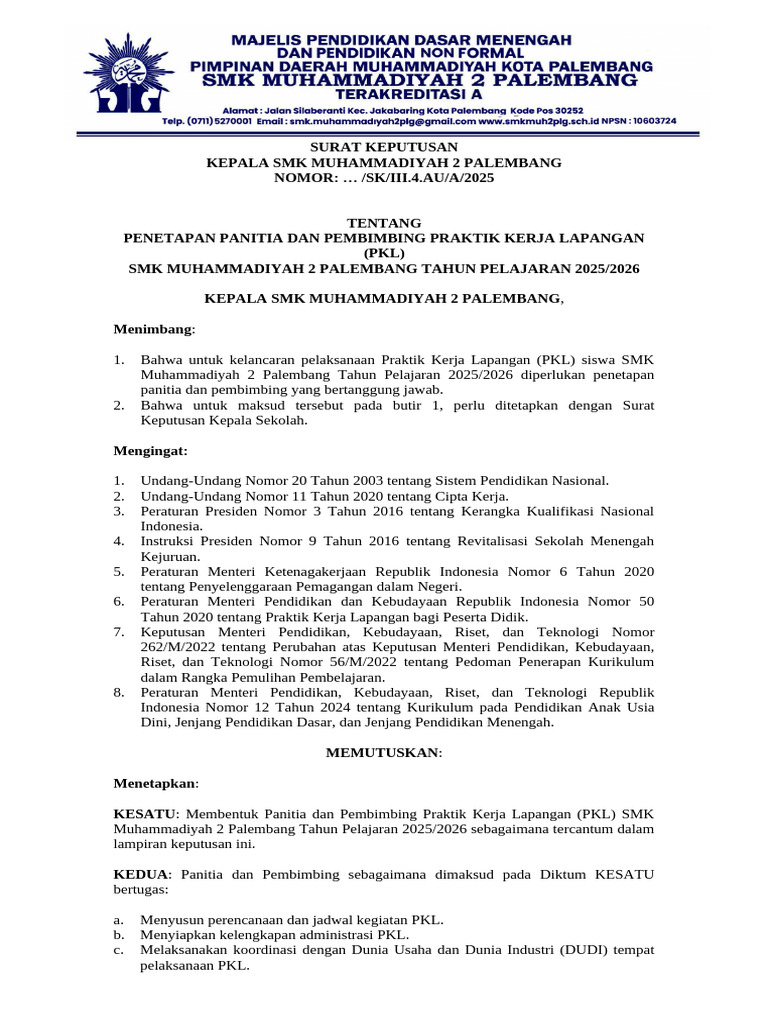 Penetapan Panitia PKL SMK 2025/2026 | PDF