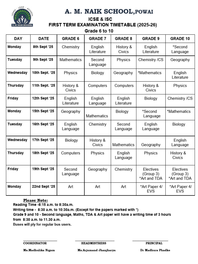 Grade6 Term1 ExaminationPortion Timetable 2025-26 | PDF | Numbers | Integer