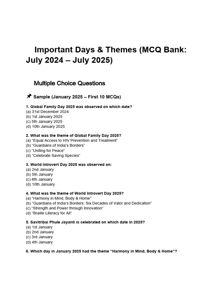 Important Days & Themes 2025 MCQ Bank | PDF