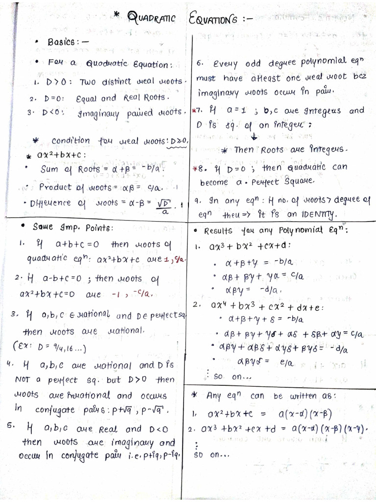 Short Notes - Quadratic Equations | PDF