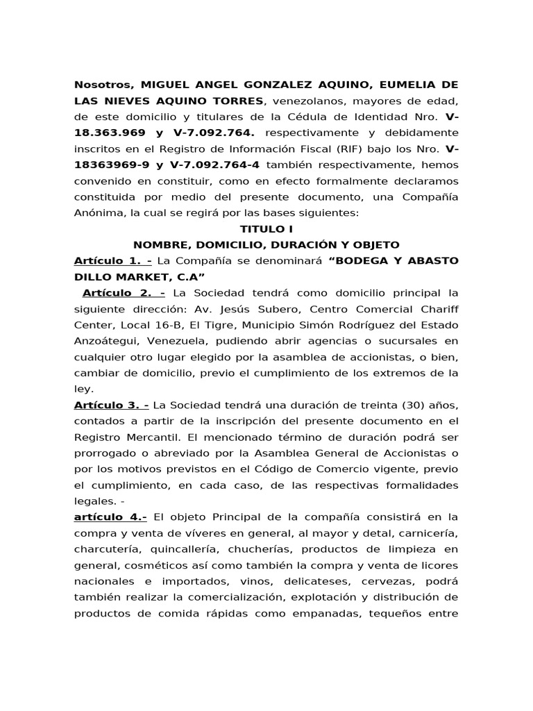 Acta Constitutiva de DILLO MARKET | PDF | Compartir (Finanzas) | Dividendo