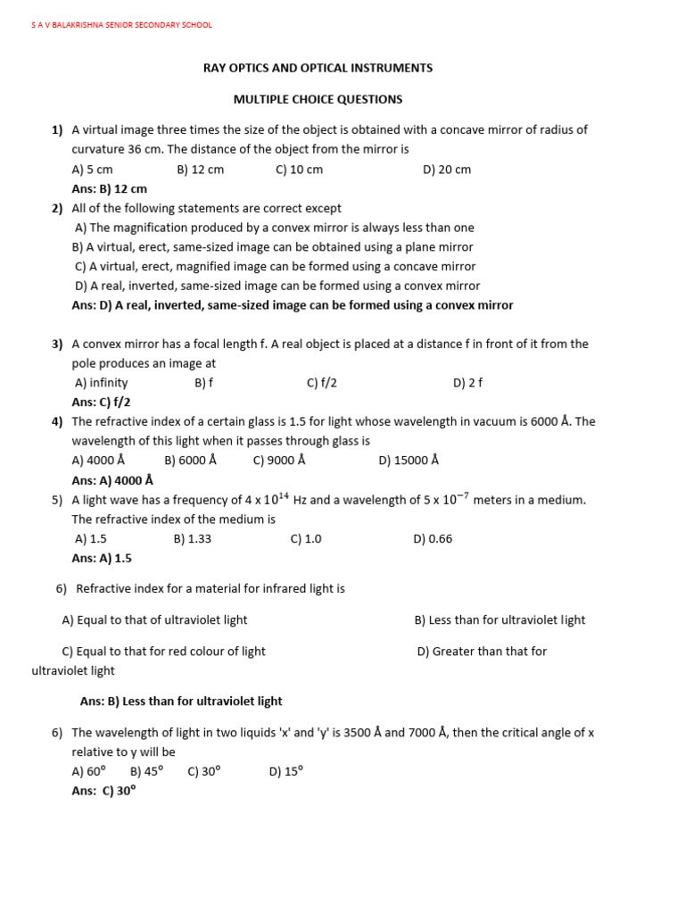 Optical Instruments and Ray Optics Quiz | PDF | Optics | Refraction