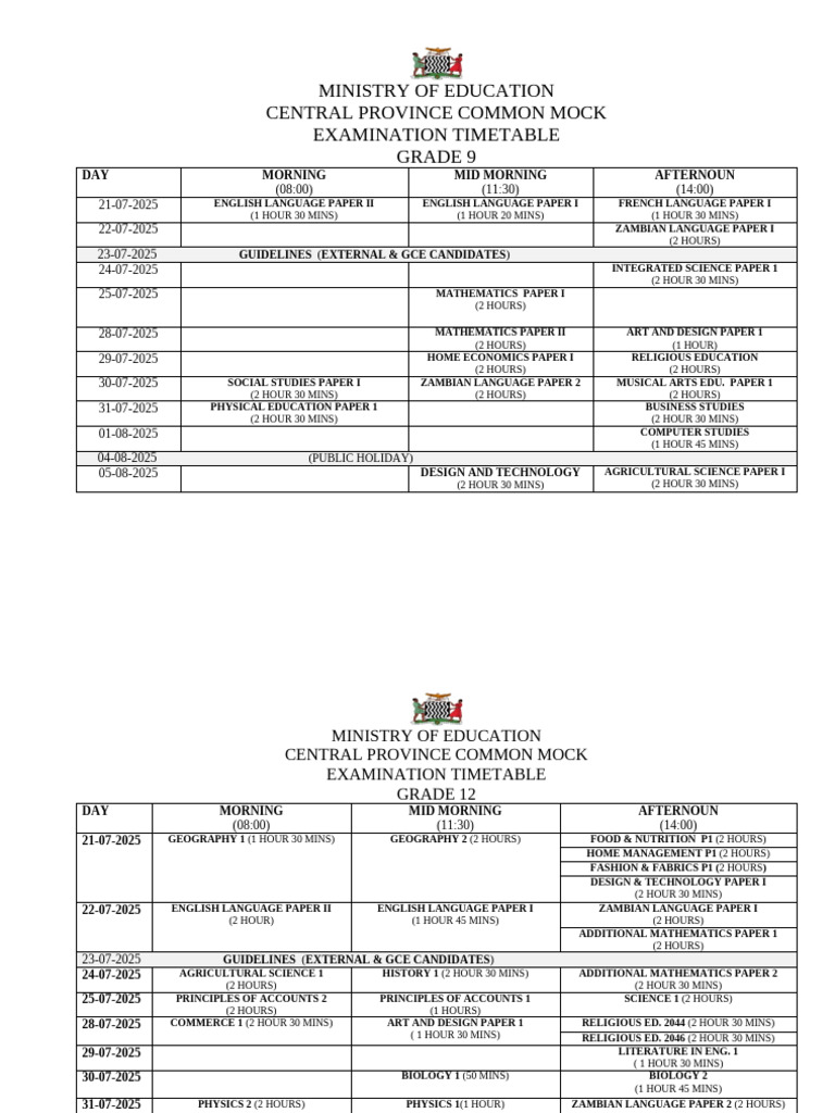2025 Mock Timetable - Edited and Latest Copy | PDF | Science