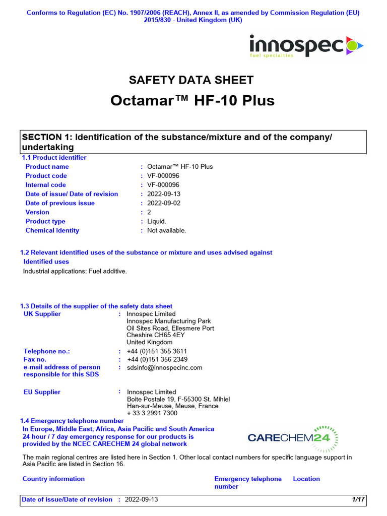 Octamar™ HF-10 Plus Safety Data Sheet | PDF | Firefighter | First Aid