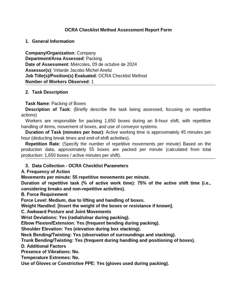 OCRA Assessment Report for Packing Task | PDF | Anatomical Terms Of Motion
