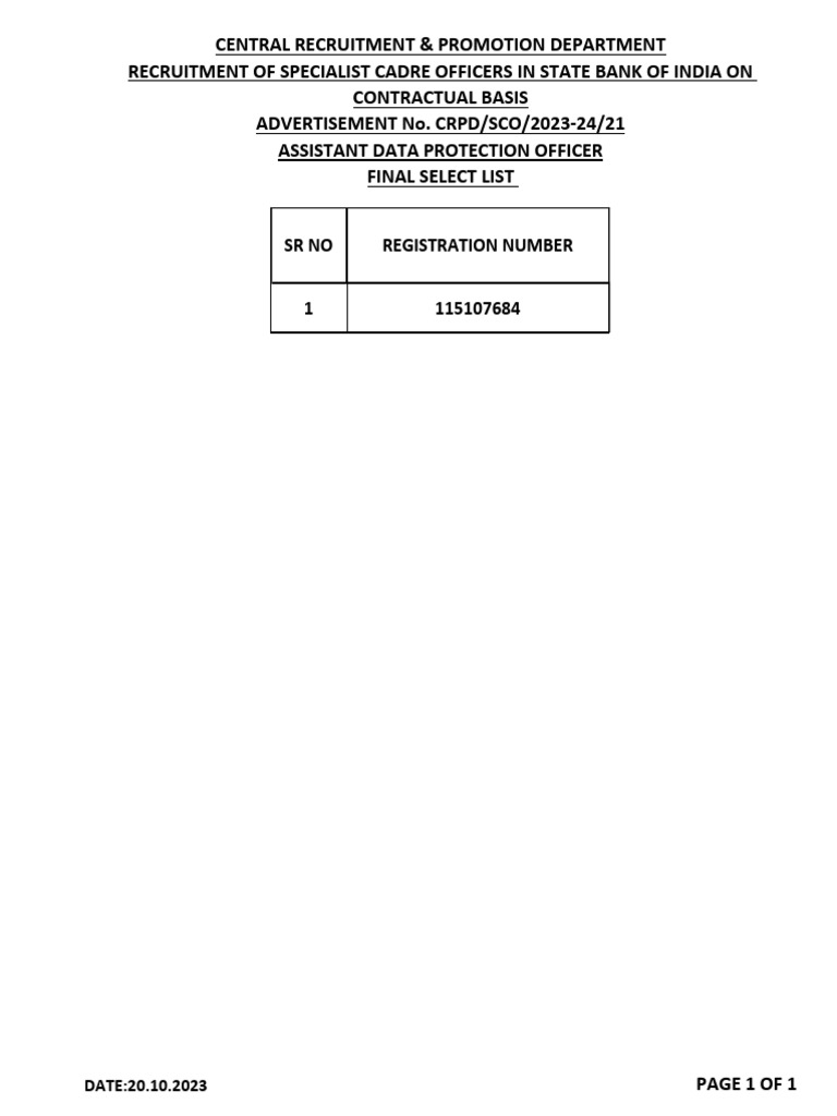 SBI Specialist Officer Final Select List | PDF