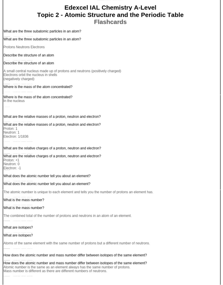 Flashcards Topic 2 Atomic Structure and The Periodic Table Edexcel-Output New | PDF | Electron ...