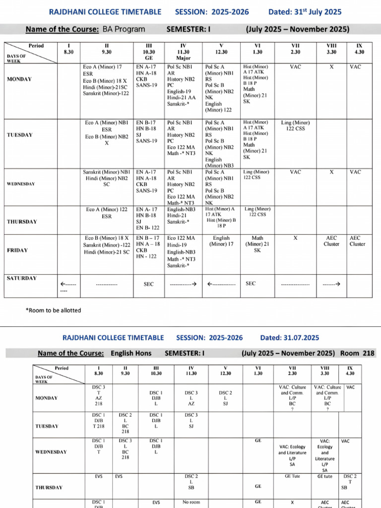 Time Table - 1st Year | PDF