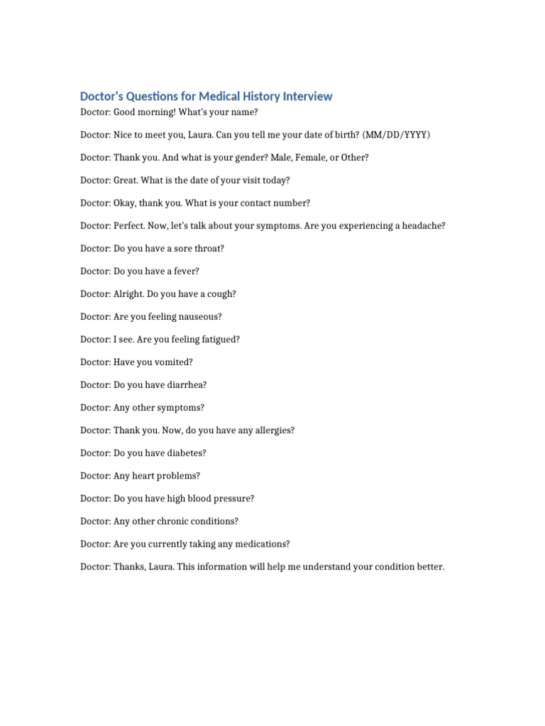 Medical History Interview Questions | PDF