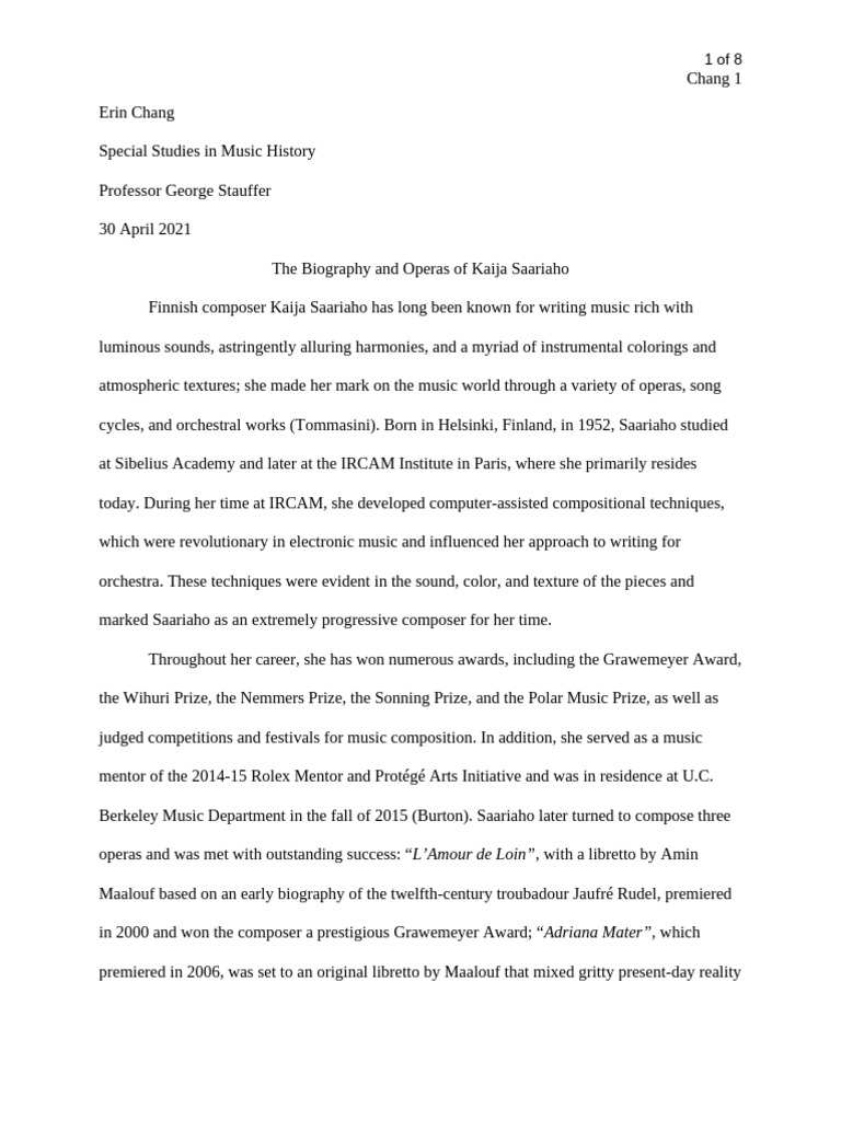 Research Paper - Kaija Saariaho - Erin Chang | PDF | Musicology