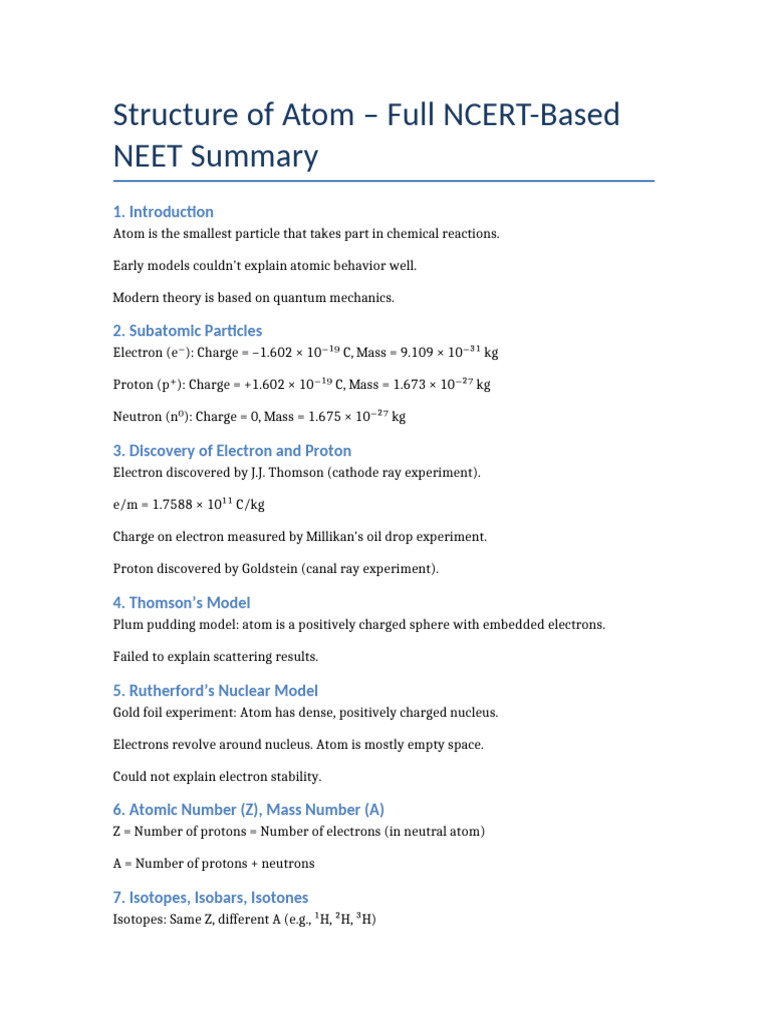 NEET Atomic Structure Overview | PDF | Atoms | Electron