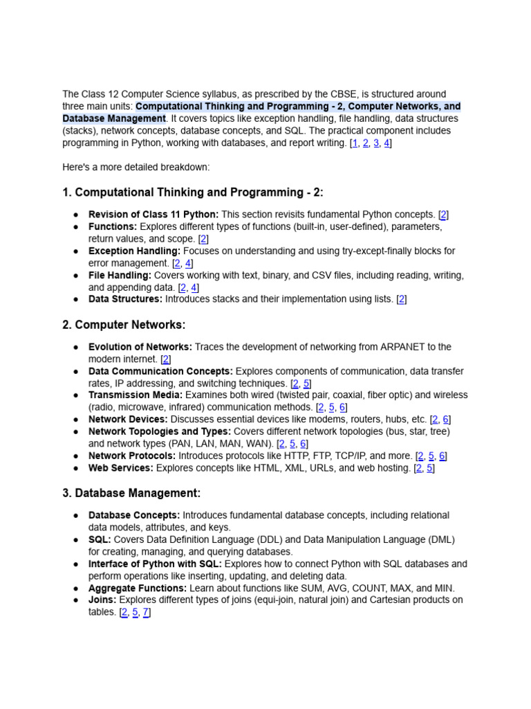Class 12 Computer Science Syllabus | PDF | Computer Network | Databases