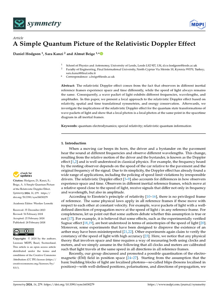 Symmetry-16-00279 (A Simple Quantum Picture of The Relativistic Doppler ...