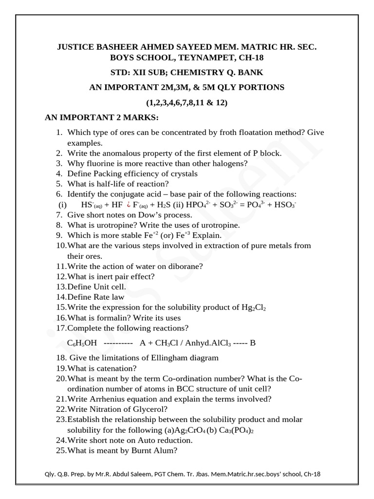 An Important 2M, 3M & 5M Qly. Portions (1 | PDF | Chemical Reactions | Acid