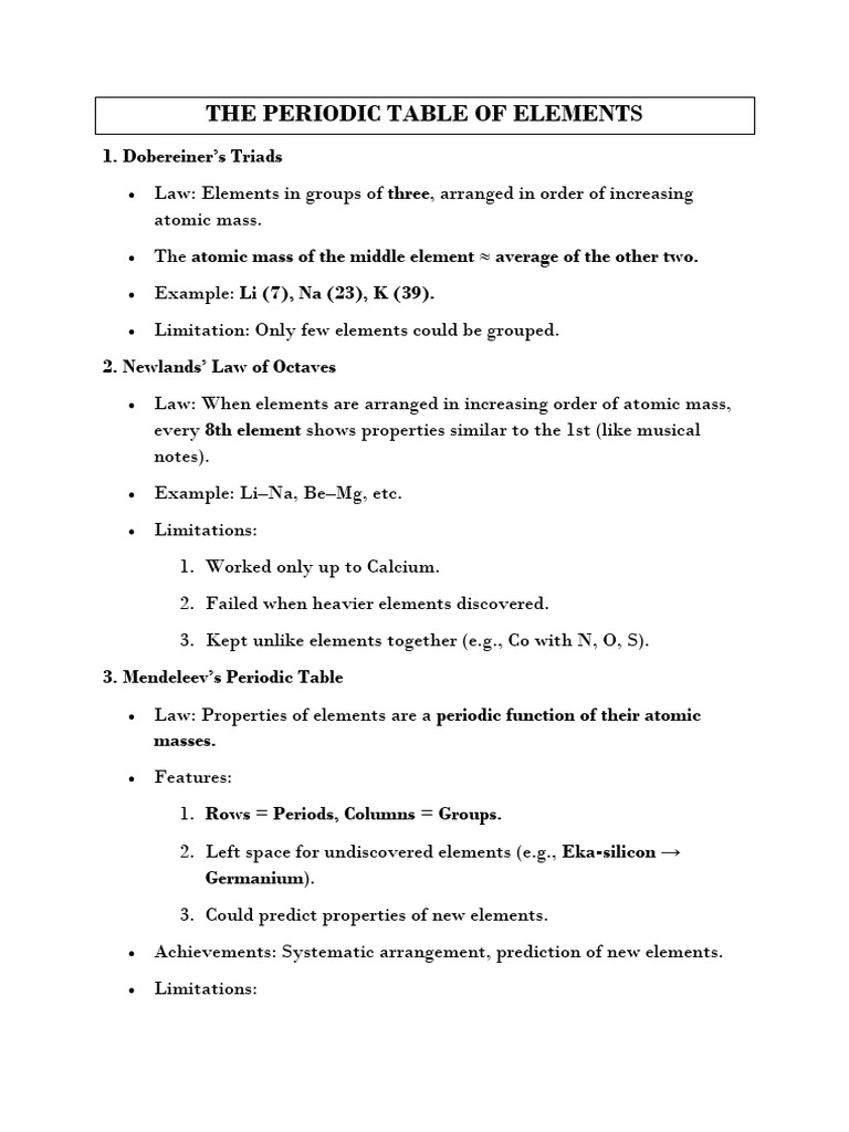 Class 9 Chemistry Notes (The Periodic Table of Elements) | PDF ...