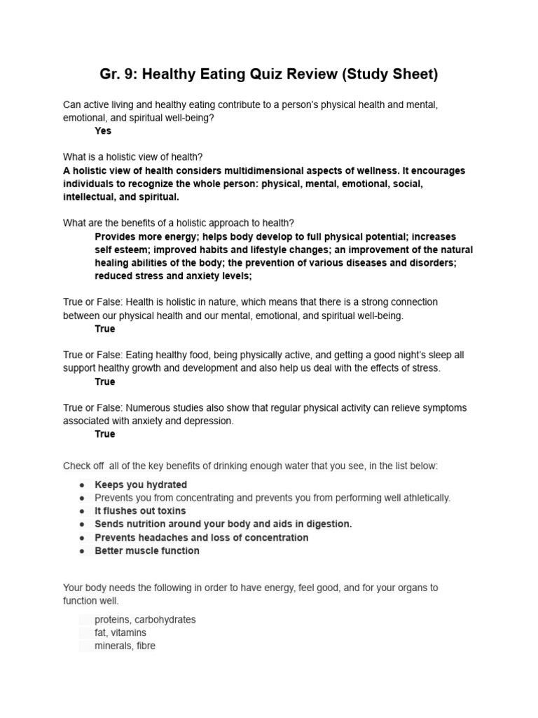 Gr. 9 Healthy Eating Review Sheet | PDF | Anxiety | Determinants Of Health