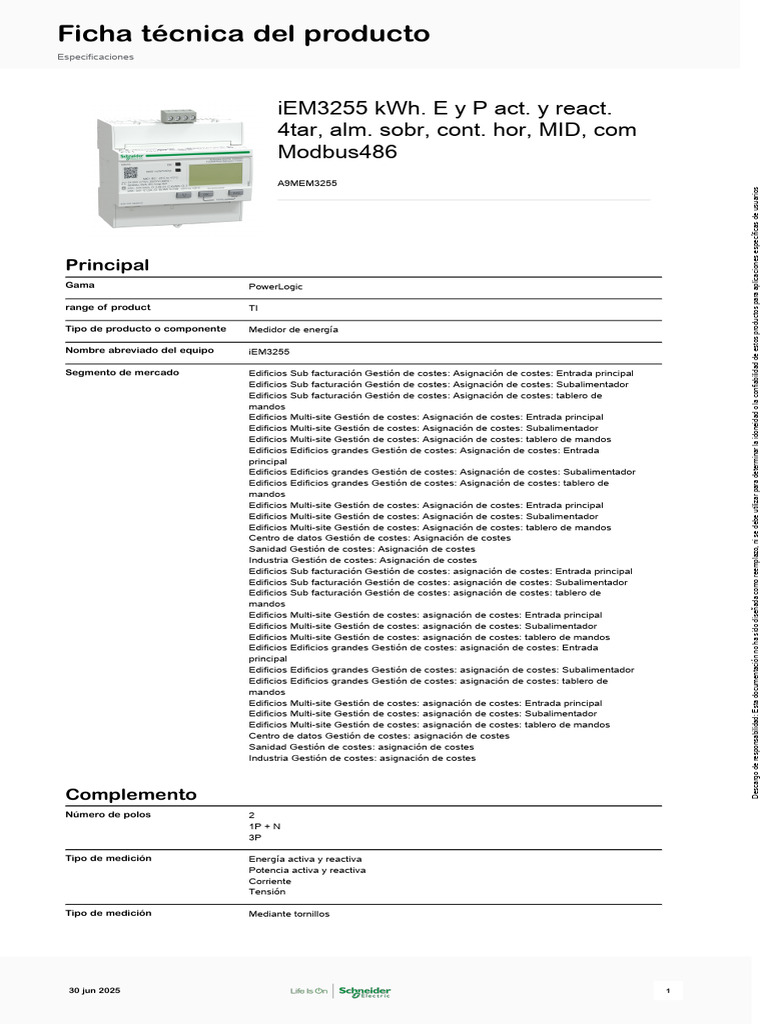 Medidor de energía iEM3255 A9MEM3255 | PDF | Ingenieria Eléctrica