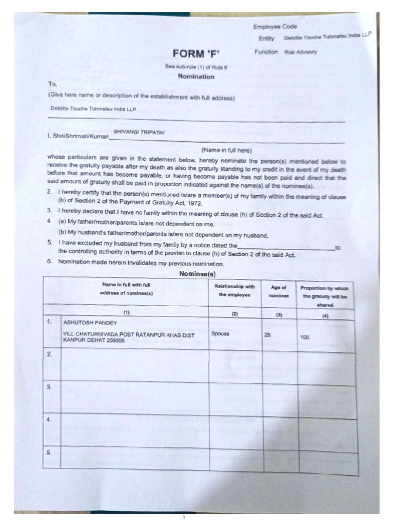Gratuity Form F | PDF