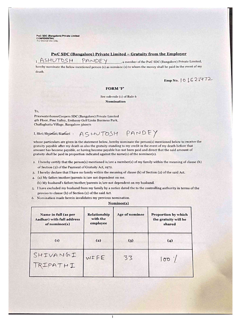 Gratuity Nomination Form | PDF