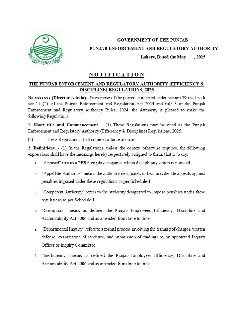 Punjab Enforcement and Regulatory Authority (Efficiency & Discipline ...