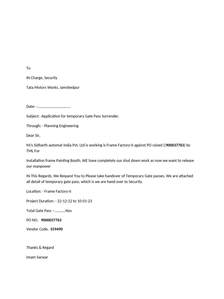 Gate Pass Hand Over Letter | PDF