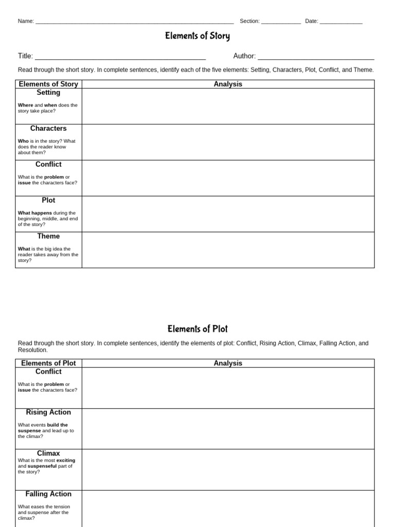 Story Elements Analysis Worksheet | PDF