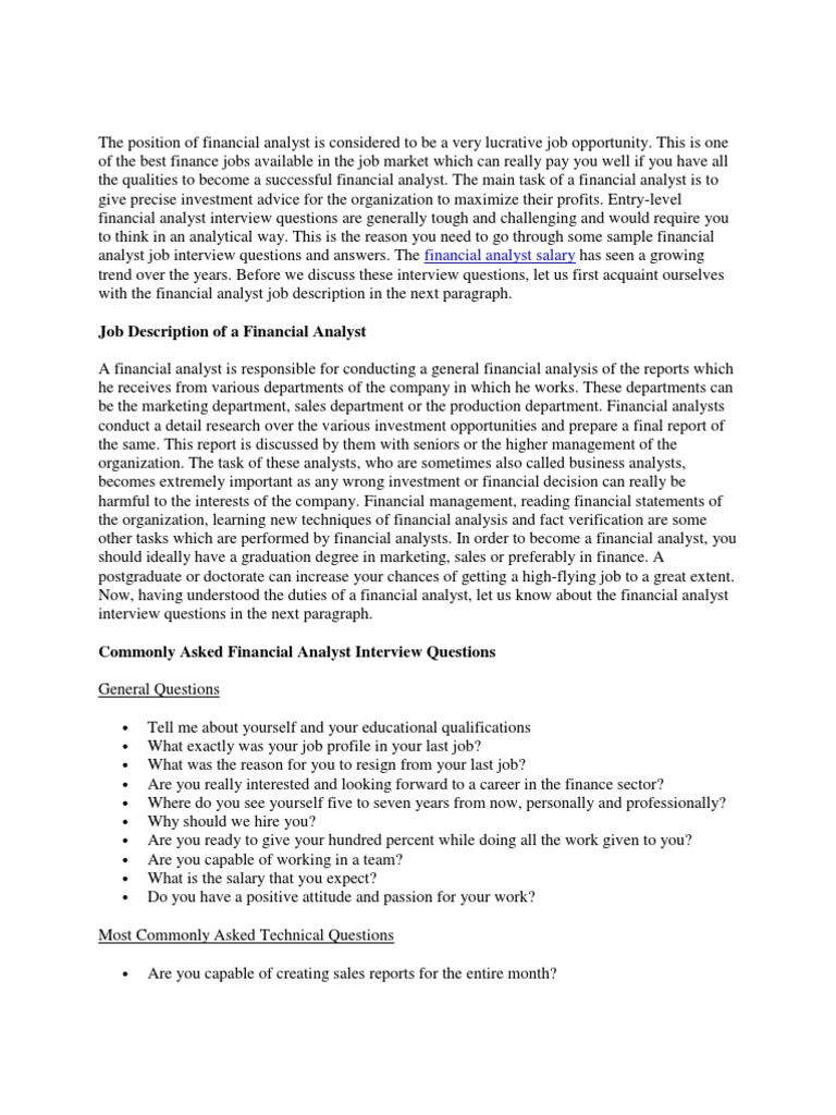 Financial Analyst Interview Questions Guide | PDF | Financial Analyst ...