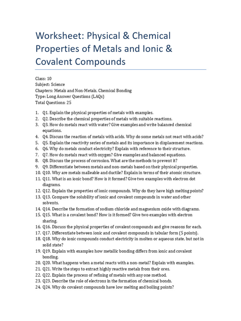 Class10 Worksheet Metals Bonding LAQs | PDF