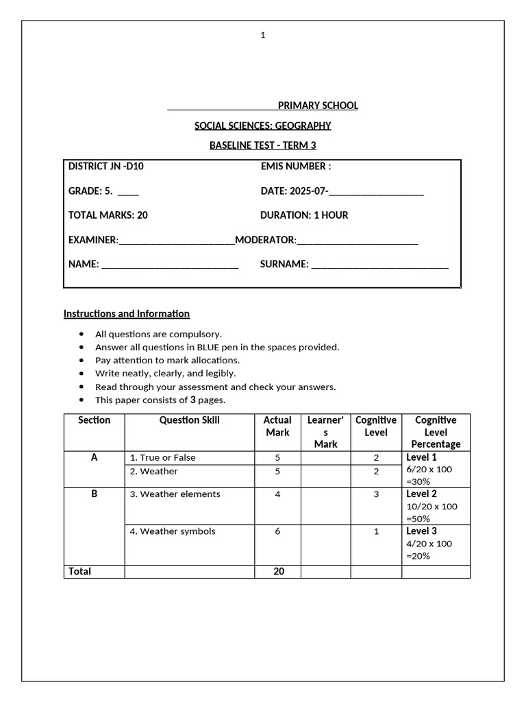 Grade 5 Geography Baseline Test 2025 Term 3 | PDF | Precipitation | Rain
