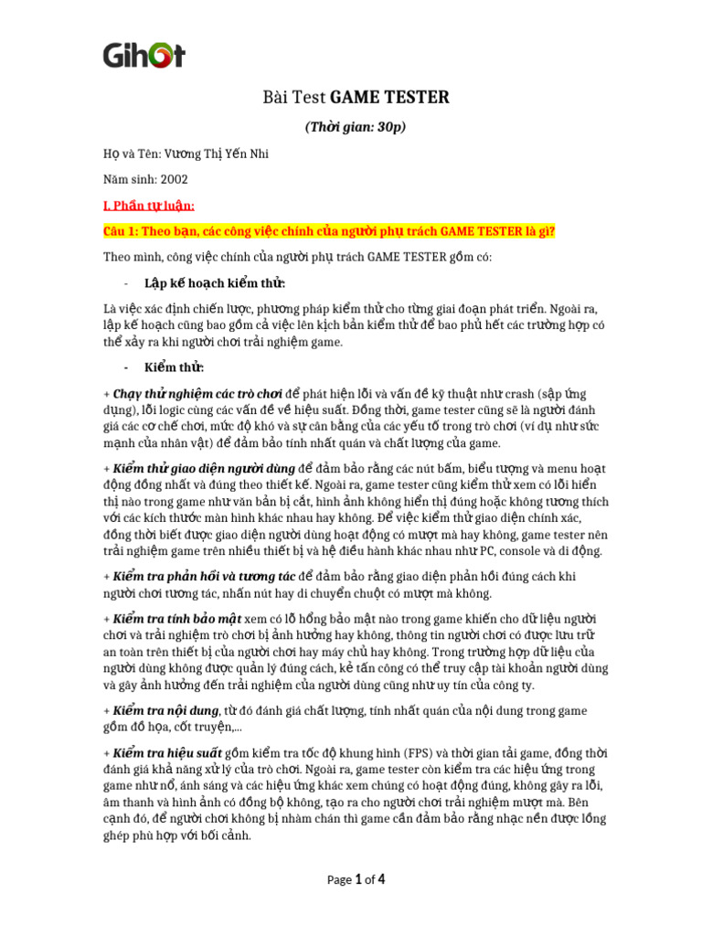 GIHOT Game Tester Testing v1.1 | PDF