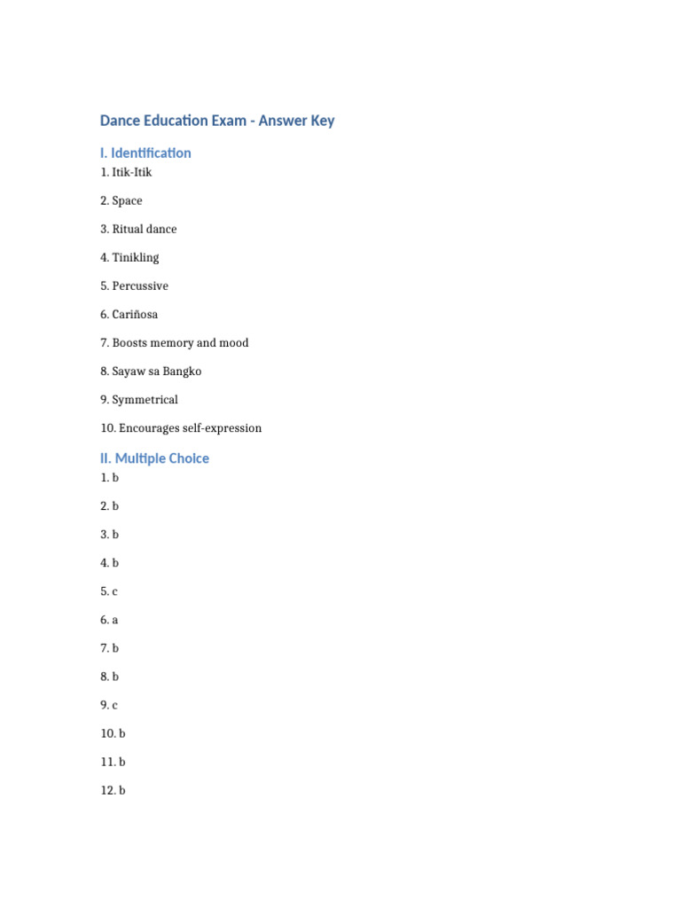 Dance Education Exam Answer Key | PDF