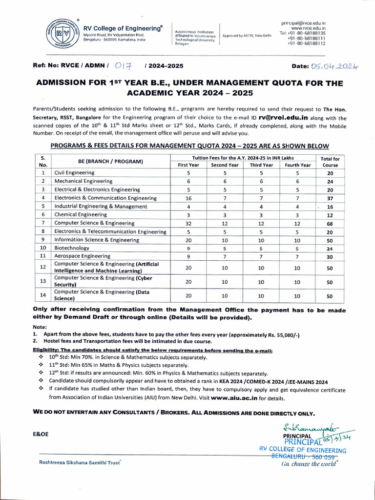 RVCE Management Quota Fees 2024-25 | PDF