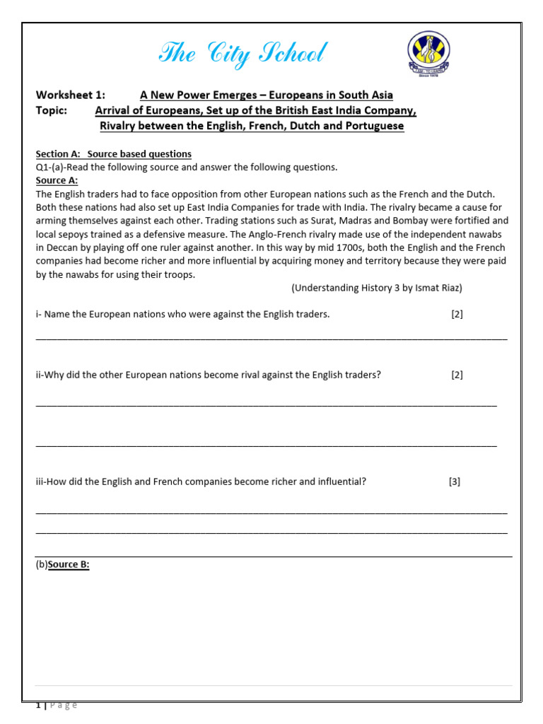 Worksheet 1-Arrival of Europeans, Set Up of The British East India ...