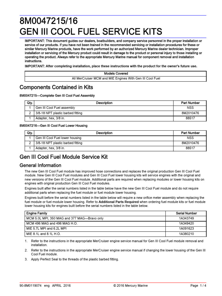 Gen III Cool Fuel Service Kits Guide | PDF | Vehicle Parts | Machines