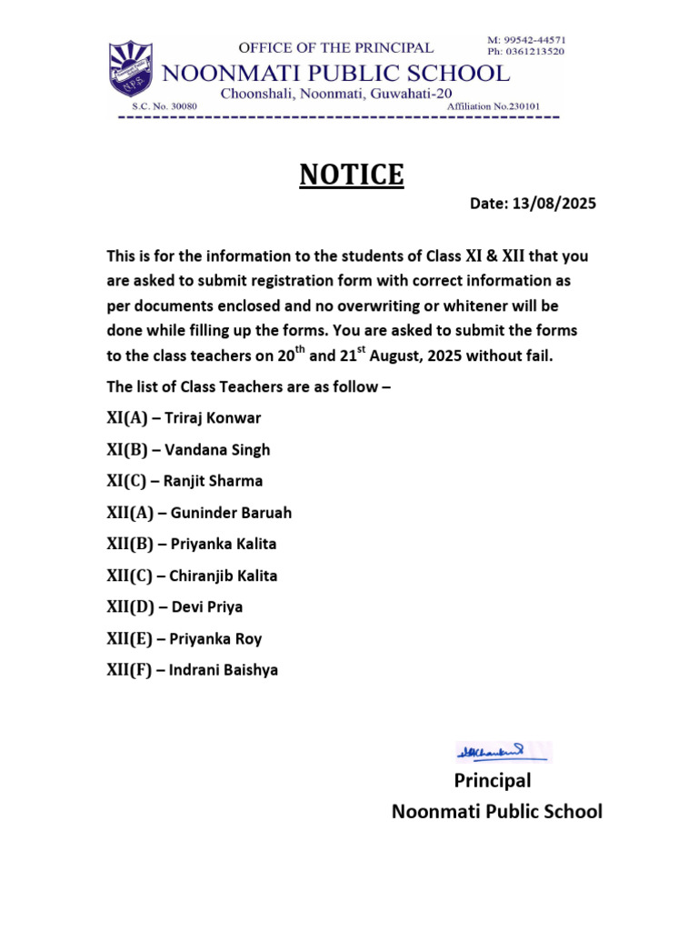 Notice To Class XI & XII For Submit Registration Forms | PDF