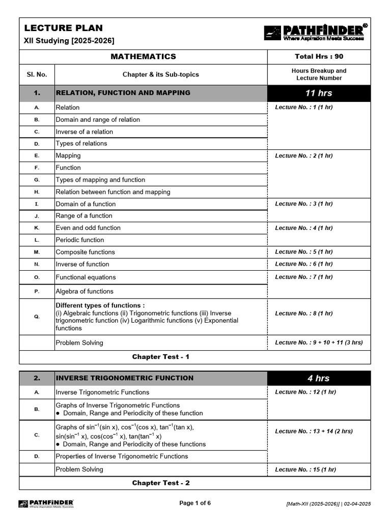 Comprehensive Math XII Lecture Plan | PDF | Matrix (Mathematics) | Line ...