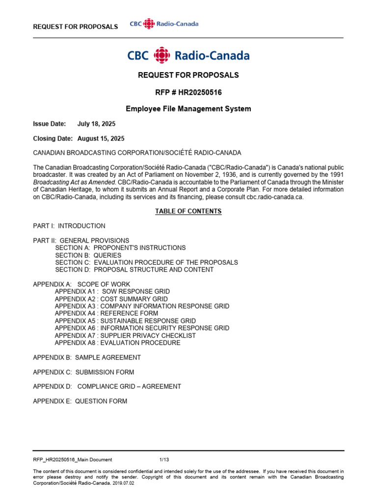 RFP HR20250516 Main Document | PDF | Canadian Broadcasting Corporation ...