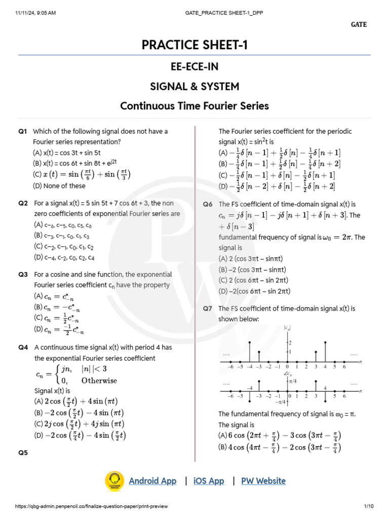Continuous Time Fourier Series - Practice Sheet 01 | PDF | Mathematical ...
