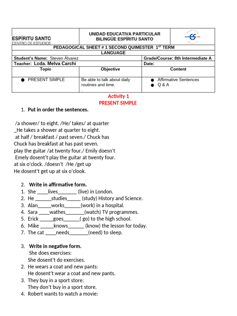 Pedagogical Sheet 1 Present Simple | PDF