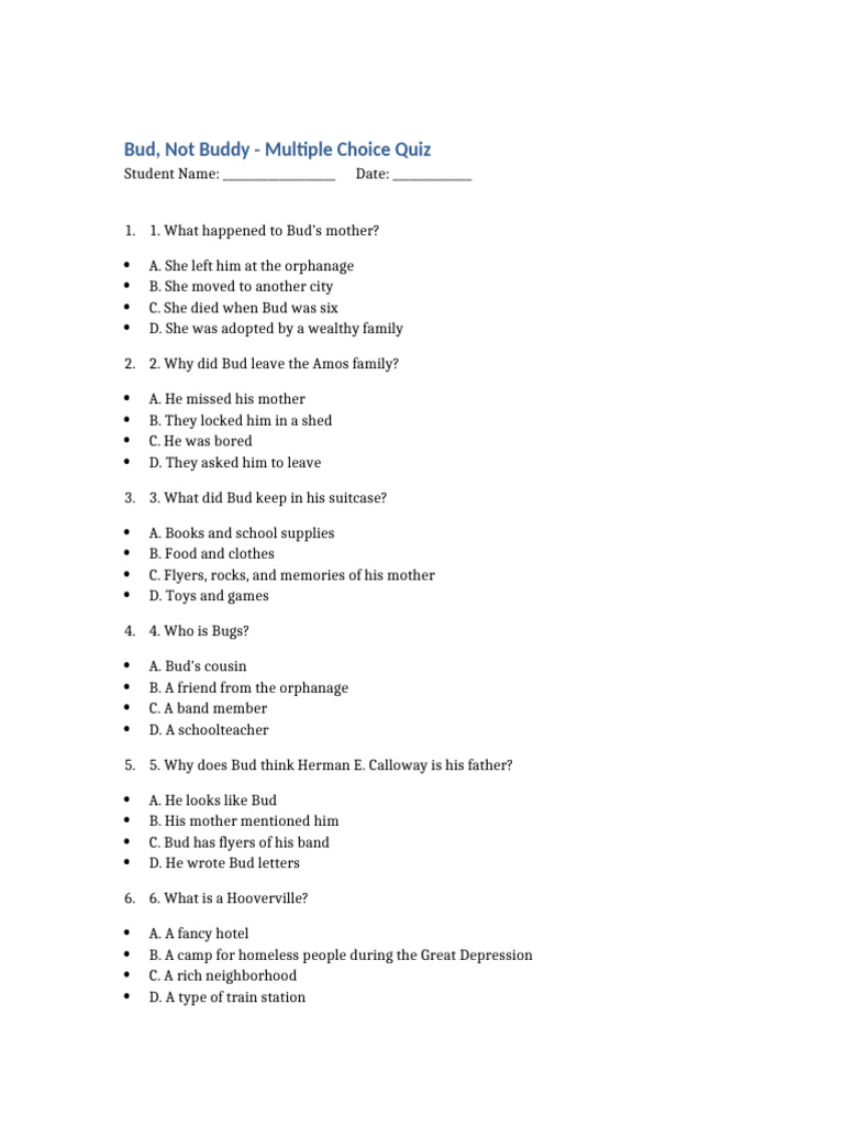 Bud, Not Buddy Quiz Questions | PDF