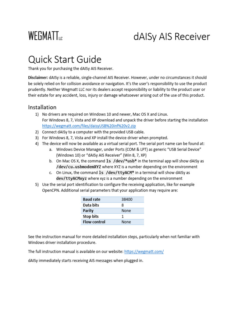DAISy AIS Receiver Quickstart | PDF | Usb | Microsoft Windows