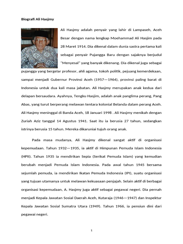 Biografi Penyair Ali Hasjmy | PDF