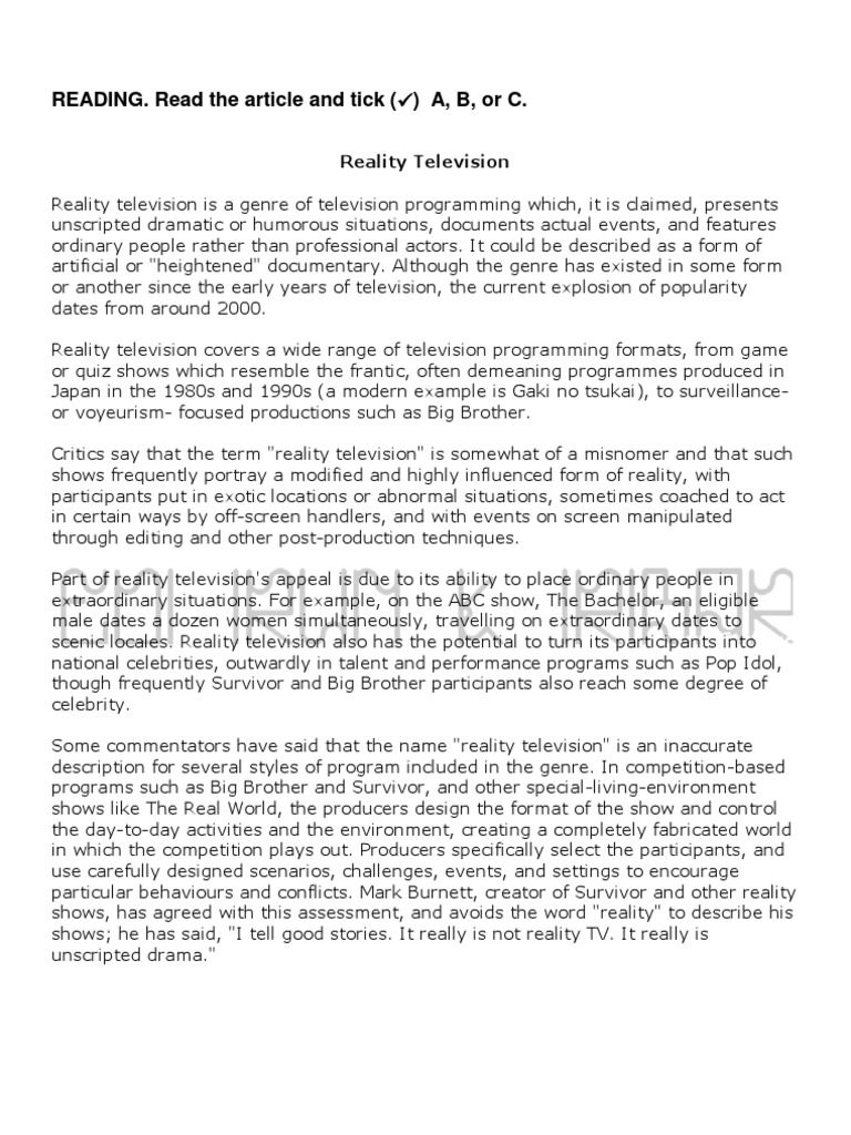 TEST Reading Reality Television | PDF | Reality Television | Entertainment