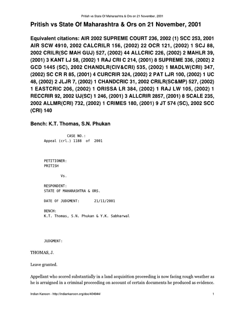 Pritish Vs State of Maharashtra | PDF