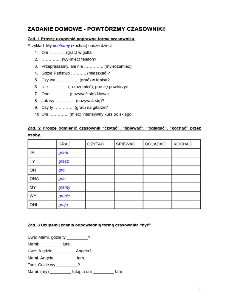 Zadanie Domowe - Koniugacja - M, - SZ + Czasownik Być | PDF