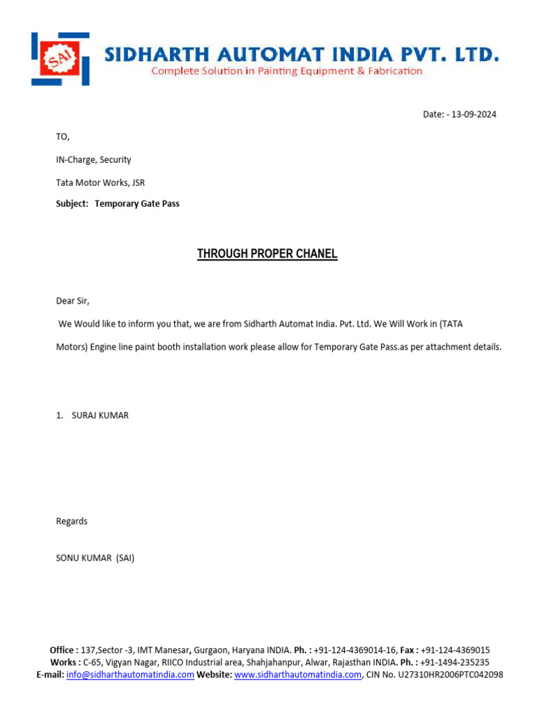 Temporary Gate Pass Latter E | PDF