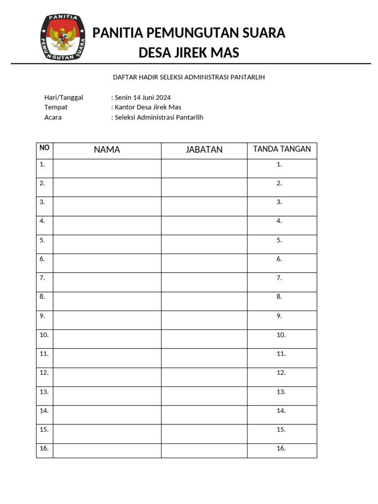 Daftar Hadir Seleksi Pantarlih | PDF