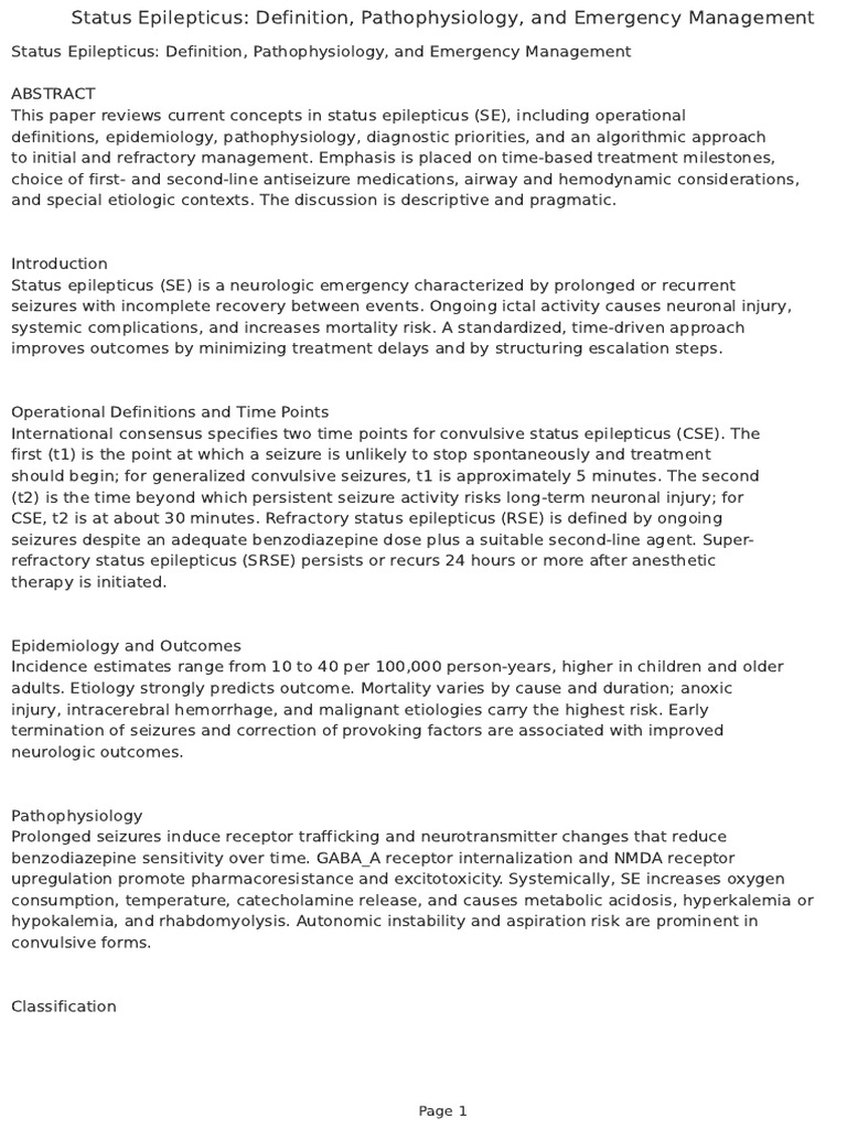 Status Epilepticus Emergency Management | PDF | Diseases And Disorders ...