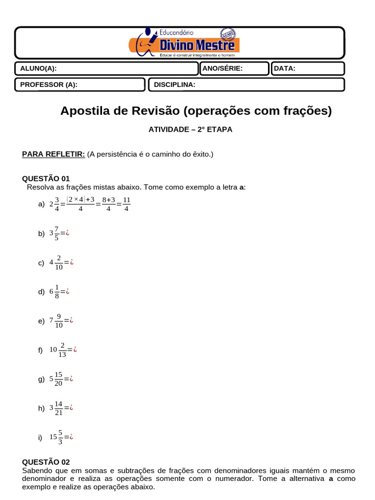 Revisão de Operações com Frações | PDF | Divisão (Matemática) | Álgebra