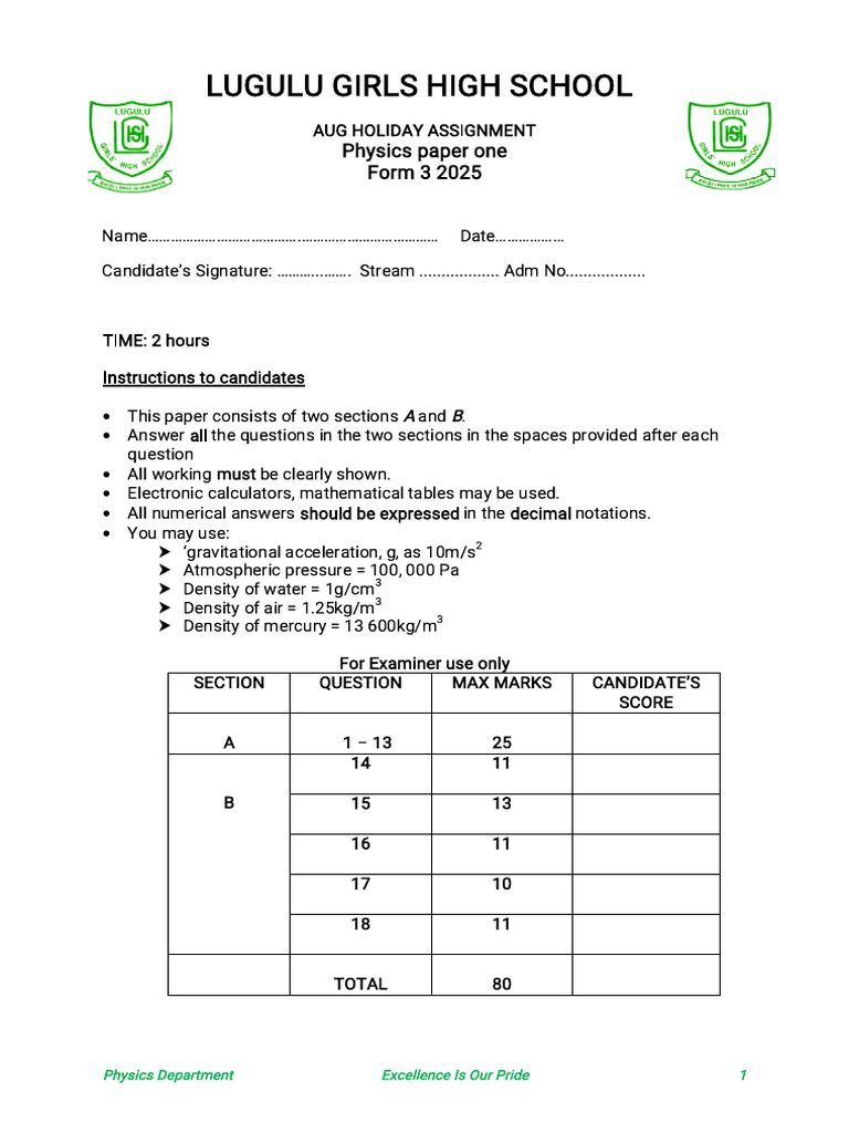 Form 3 Physics Holiday Assignment | PDF | Force | Mass